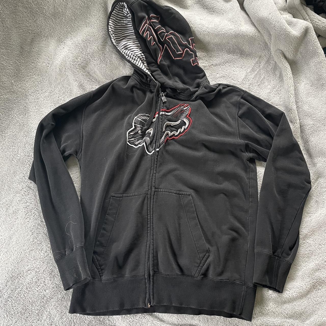 Black and red Fox Racing zip-up hoodie Size... | Depop