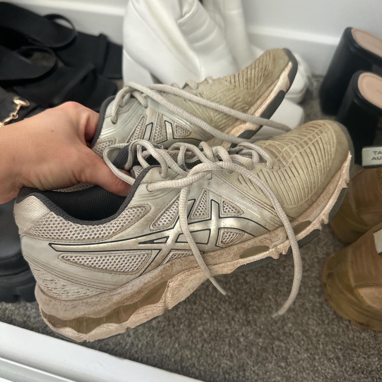 grey asics netball sneakers. not in the best... | Depop