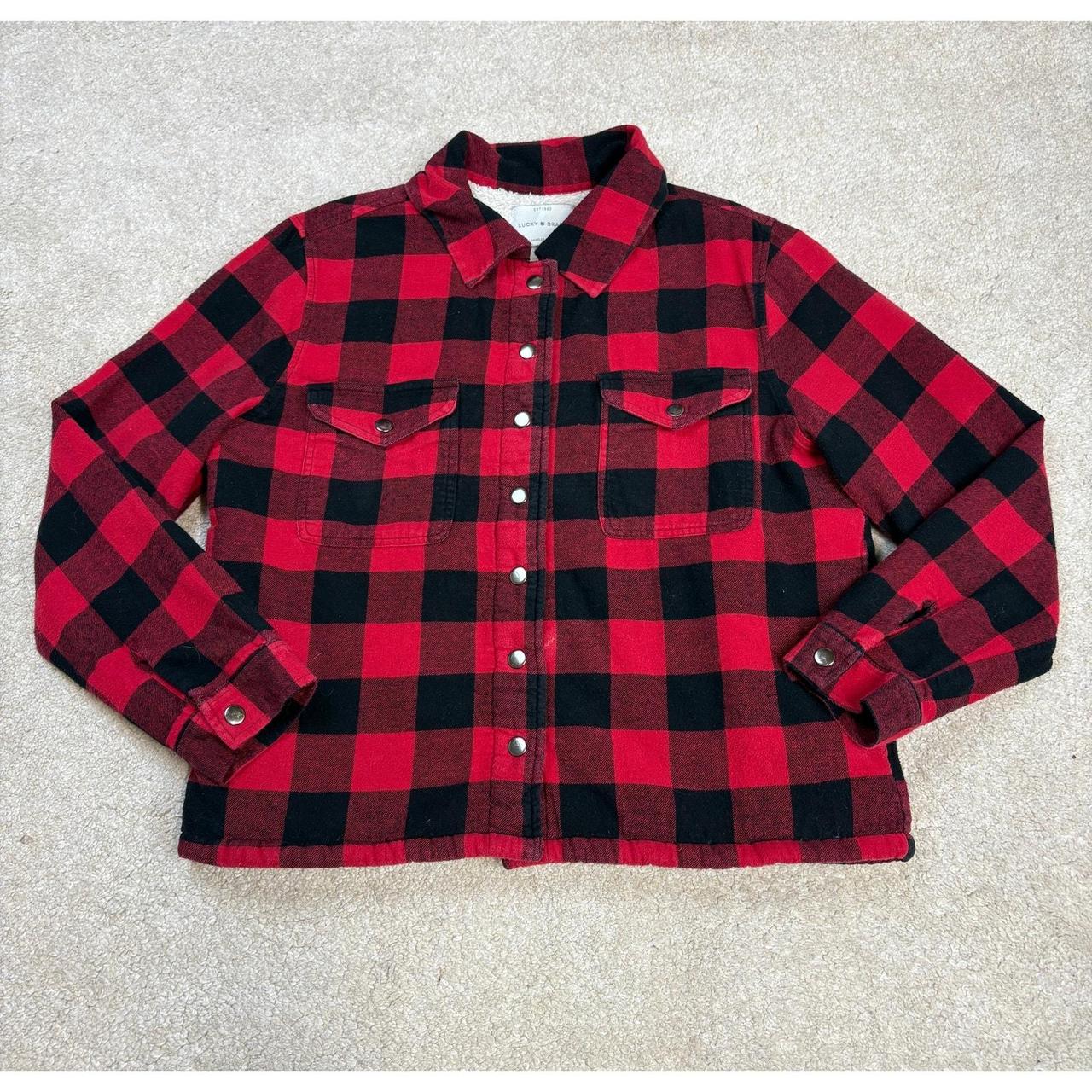 Red and black buffalo check button down shacket with... | Depop