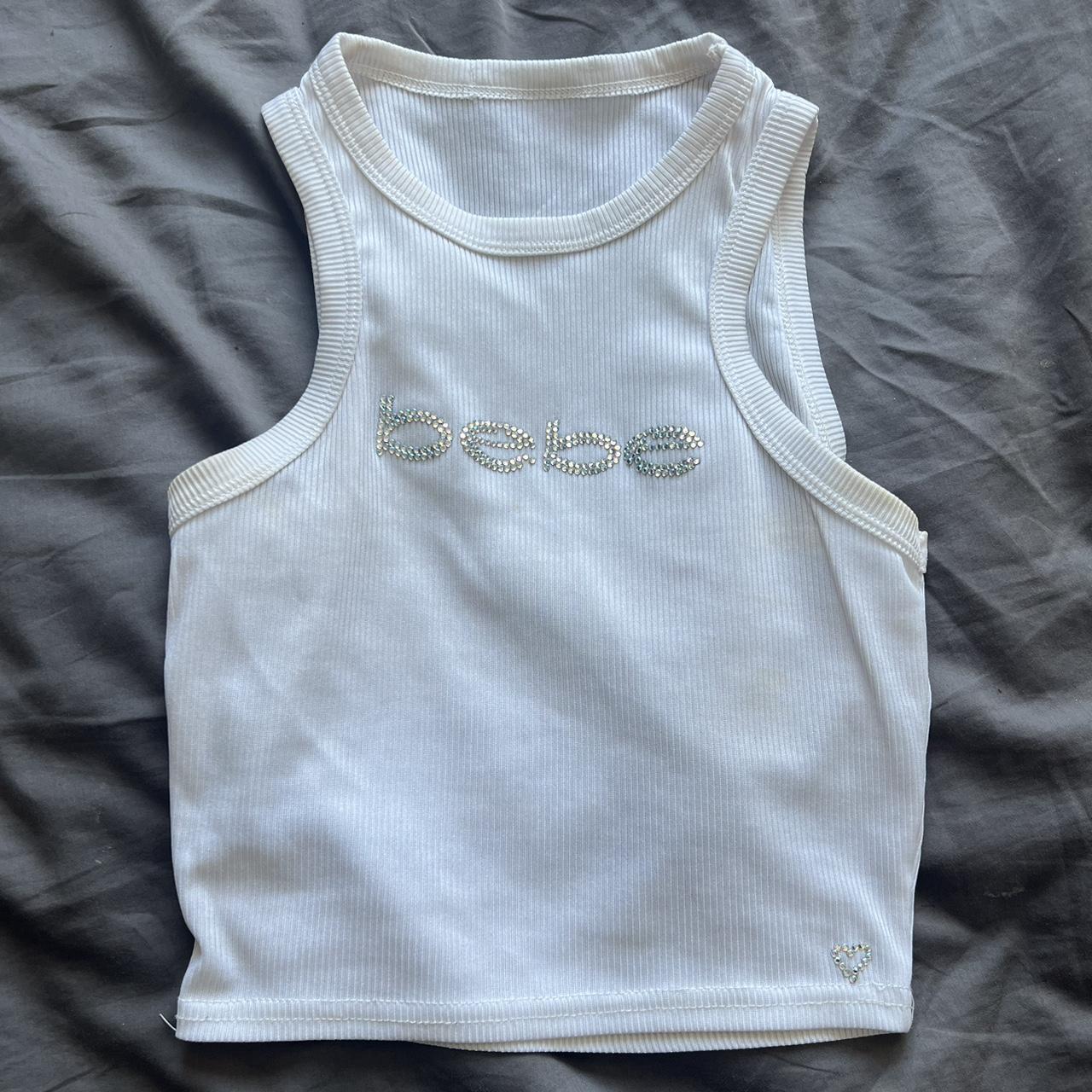 White Bebe rhinestone dimante logo tank top Small... - Depop