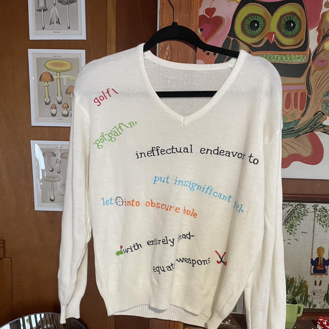 White and multi-coloured golf sweater #knitwear... - Depop