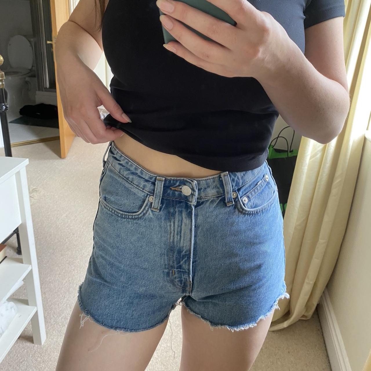 Weekday Rose high-waisted blue shorts with... - Depop