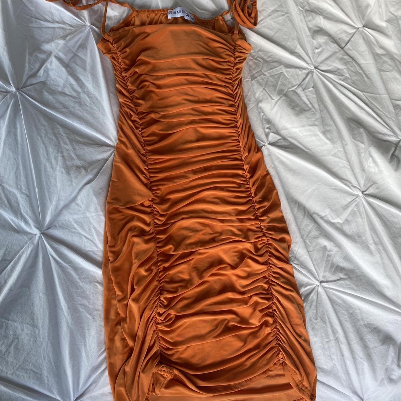 Ruched orange slick dress Adorable tie shoulder... - Depop