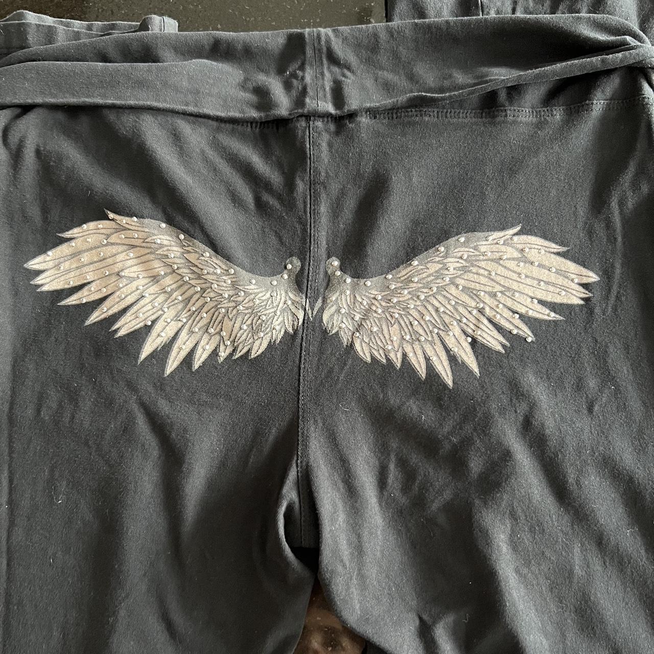 Vintage 90s black yoga pants with angel wings on... - Depop
