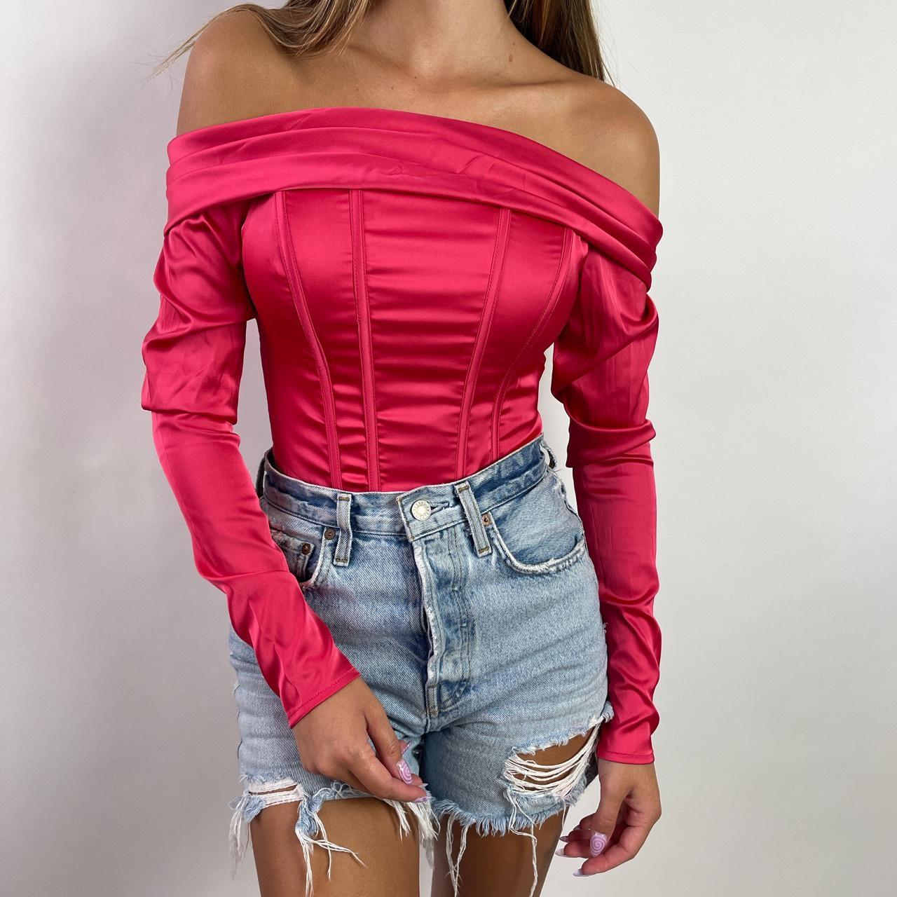 Misguided Satin fuschia long sleeve corset - Depop