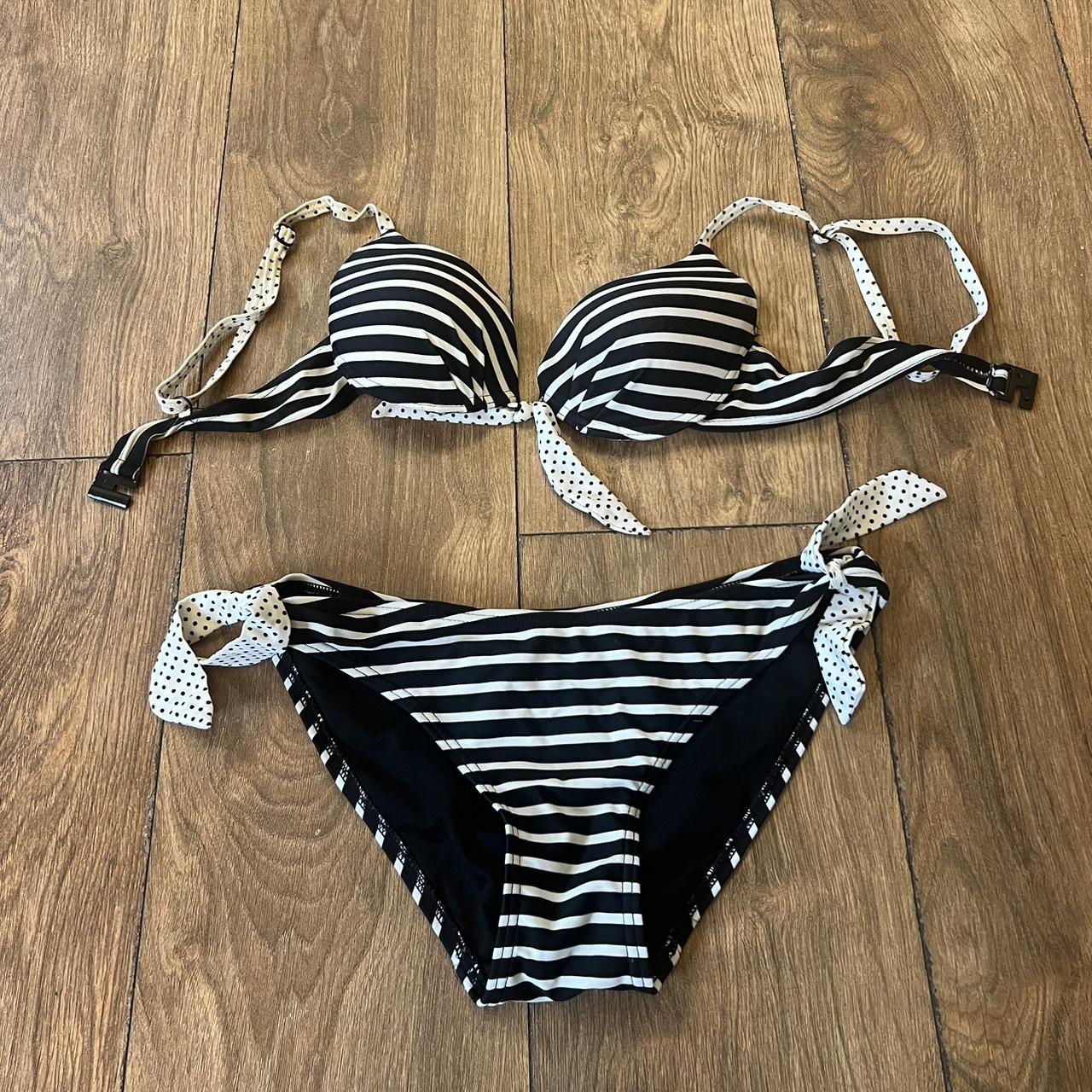 Black and white striped bikini set with tie details... - Depop