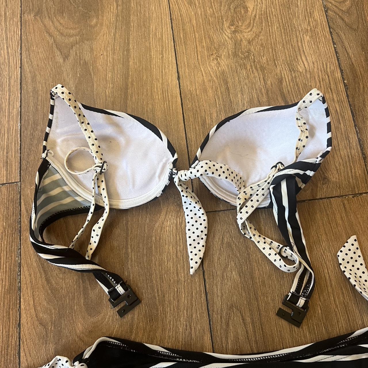 Black and white striped bikini set with tie details... - Depop