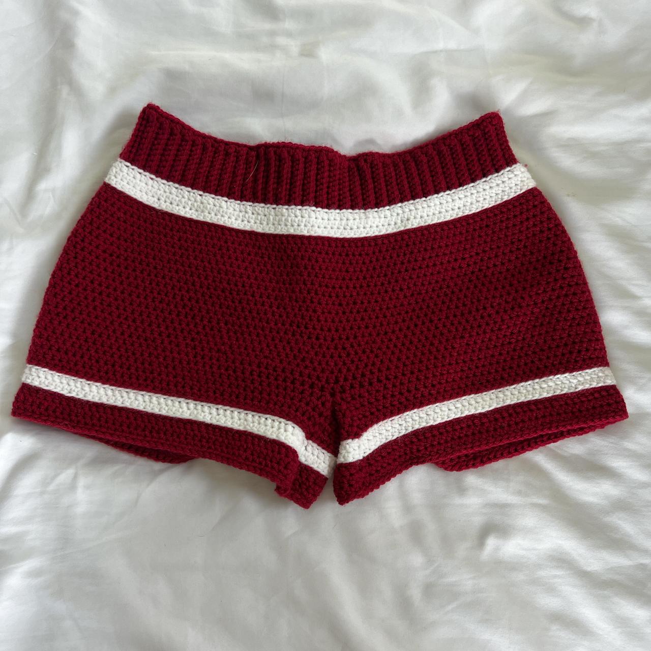 Handmade Crochet Red & White Shorts Size Small /... - Depop