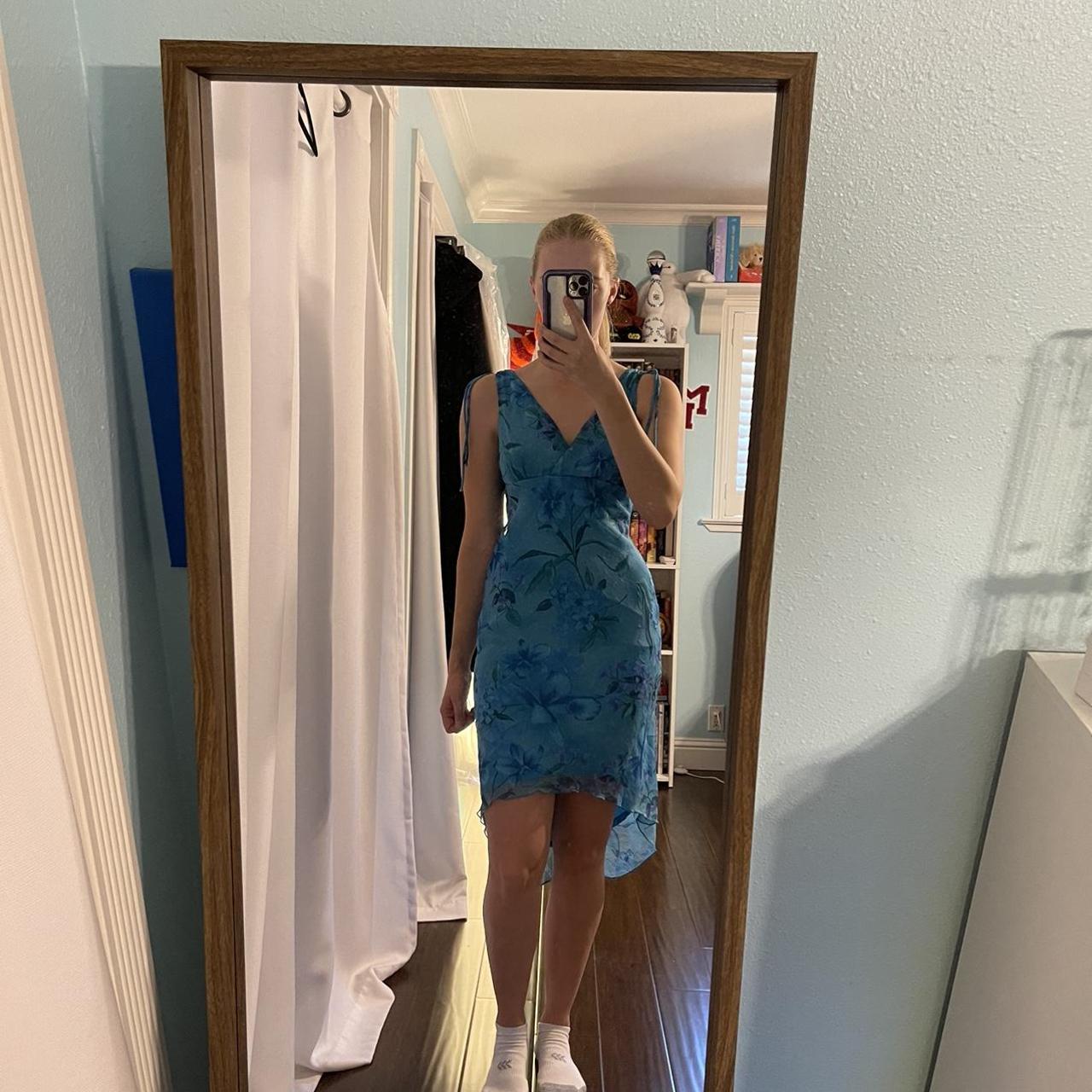 stunning blue floral rampage y2k asymmetrical dress!... - Depop