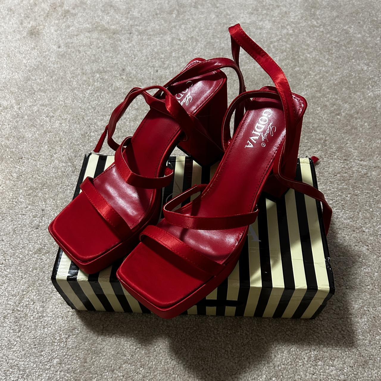 new in box Godiva red chunky wrap around heels! they... - Depop