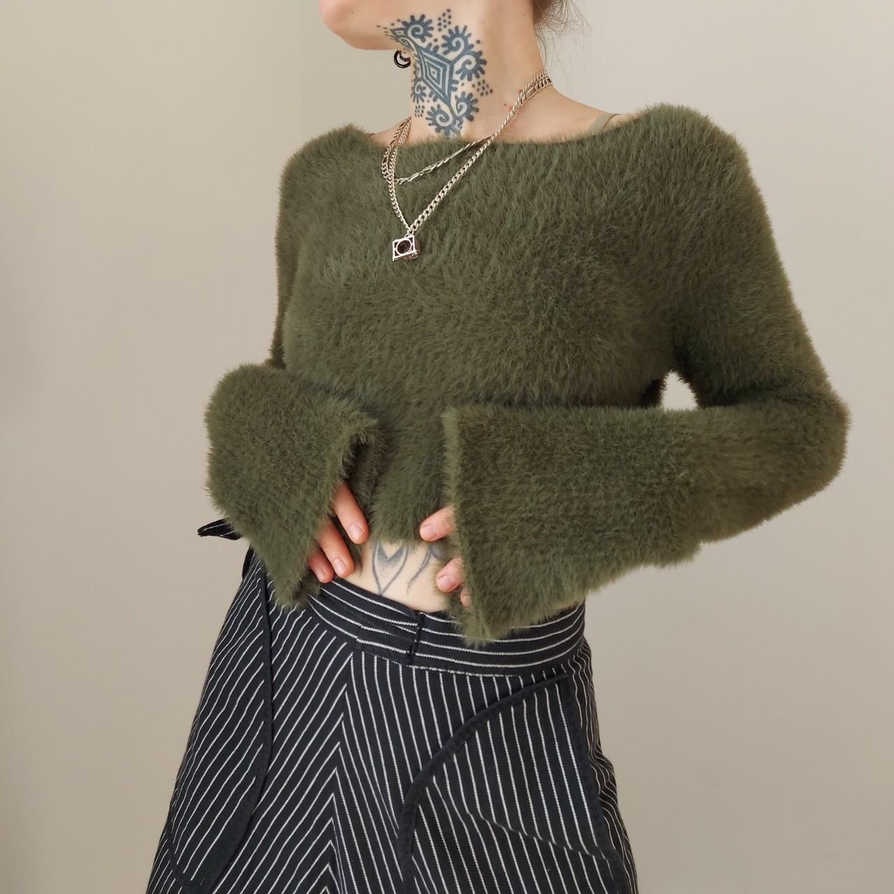 Fluffy green knitted jumper. Model's 5ft4 and size... - Depop