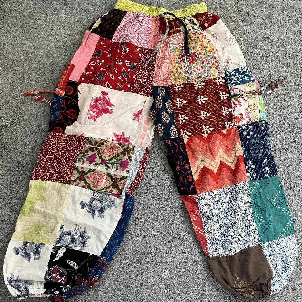 Multi-coloured patchwork cotton pants. Has side... - Depop