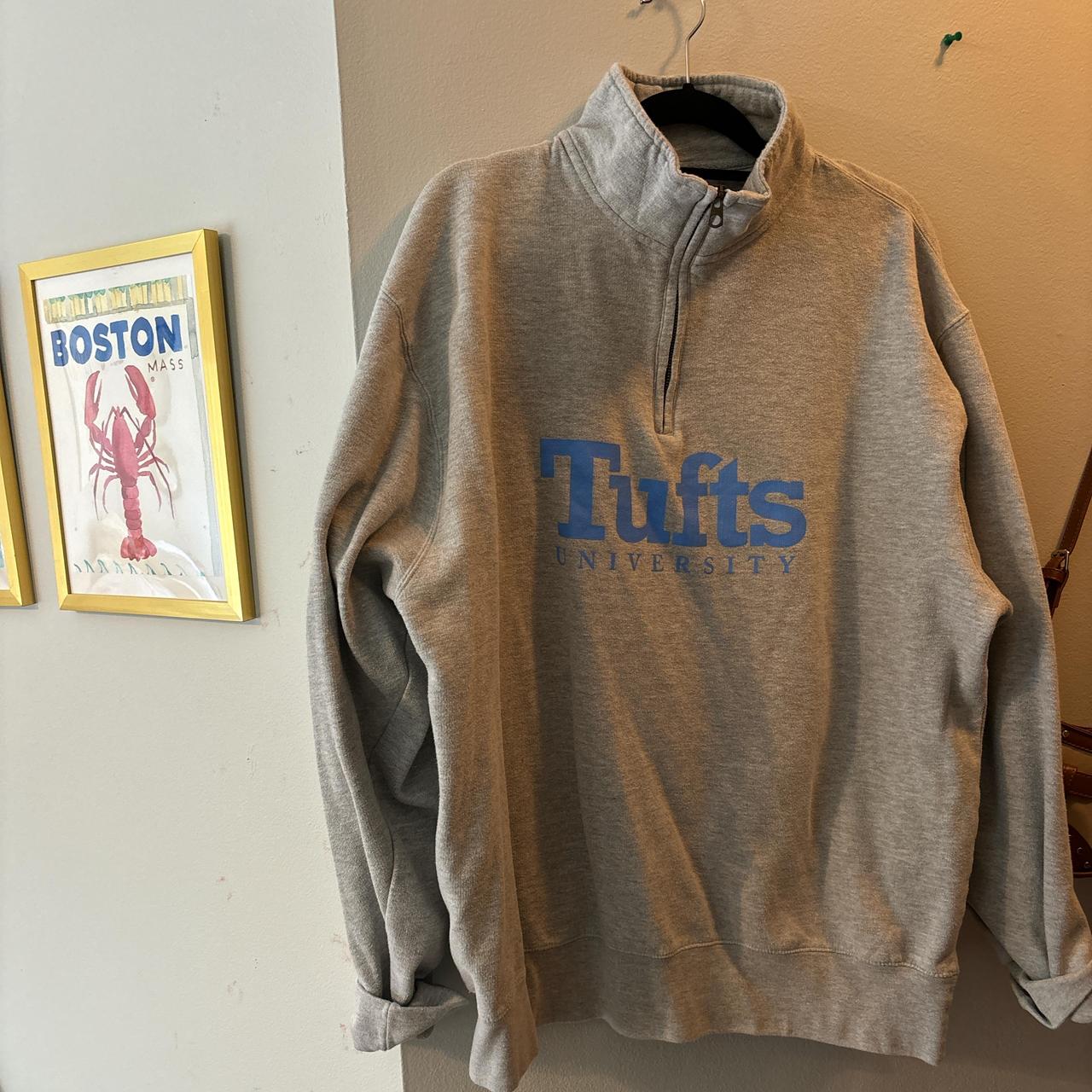 Grey and blue Tufts University quarterzip sweatshirt... | Depop