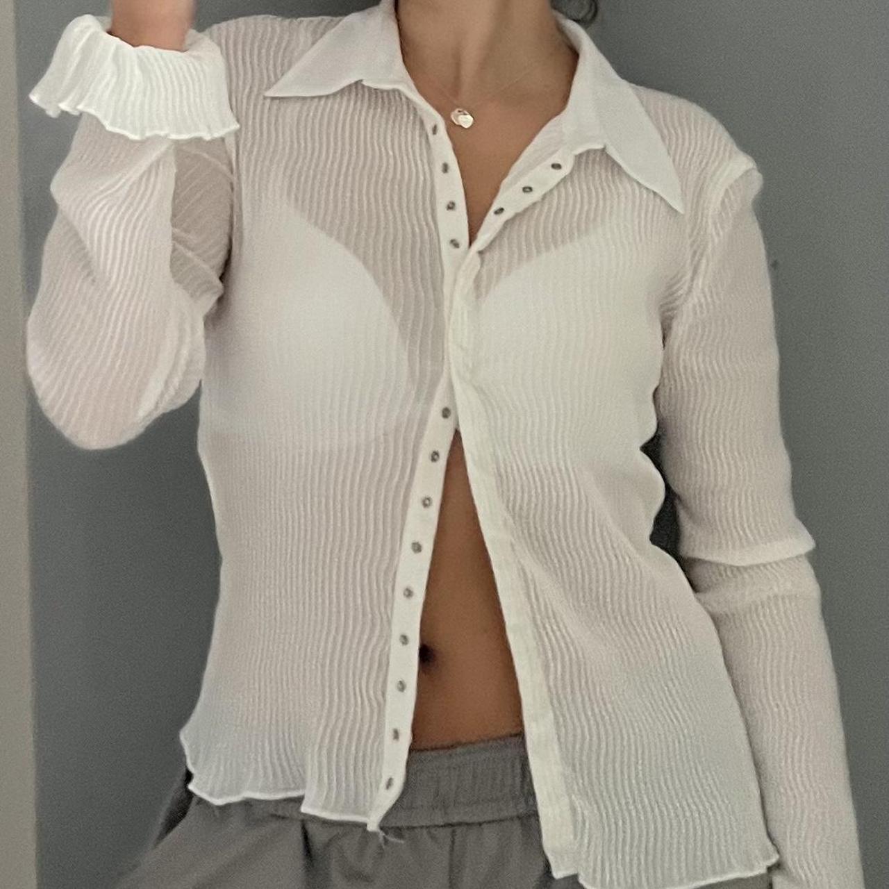 White sheer long sleeve button up blouse Great... - Depop