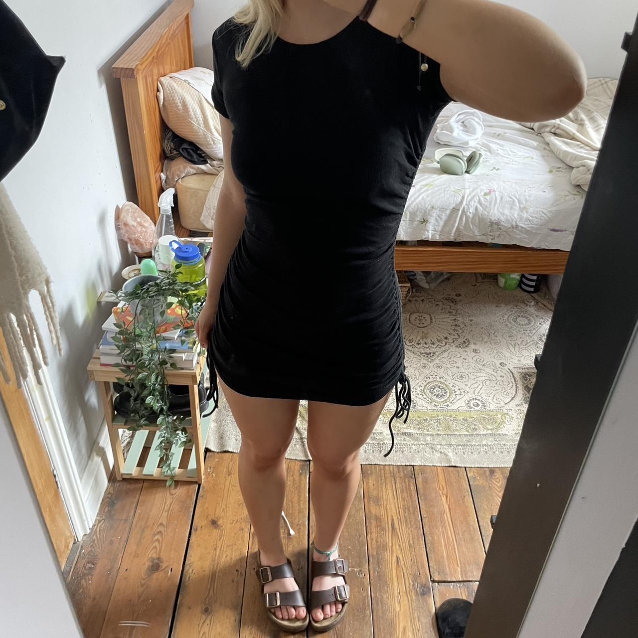 black zara bodycon dress with adjustable ruching on... - Depop