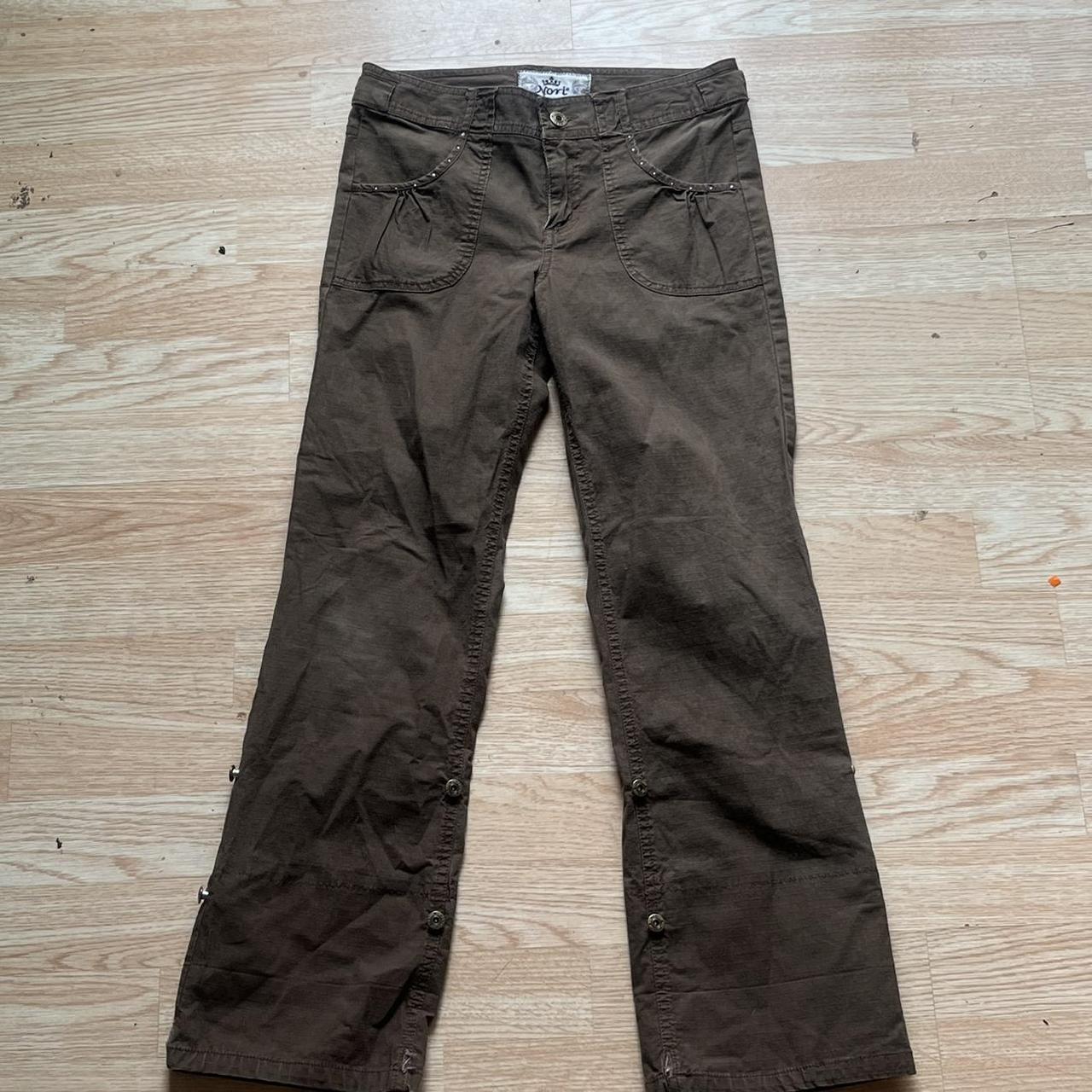 low rise brown straight leg pants w/ pink gems on... - Depop