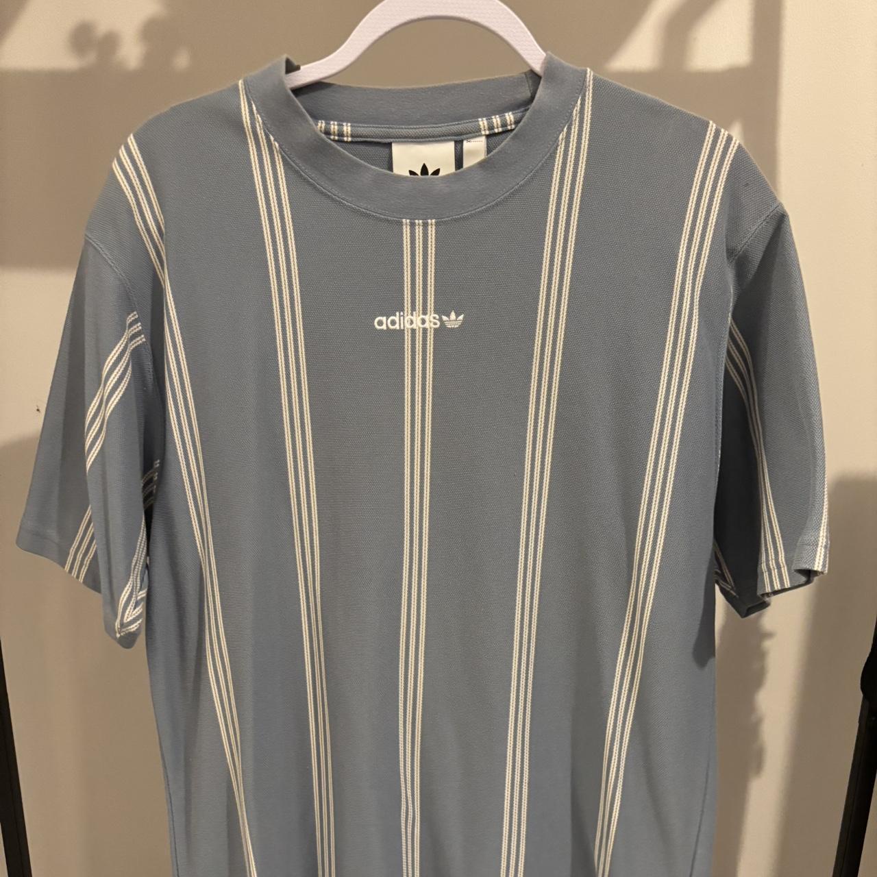 Adidas Originals blue and white stripe tee, size... | Depop