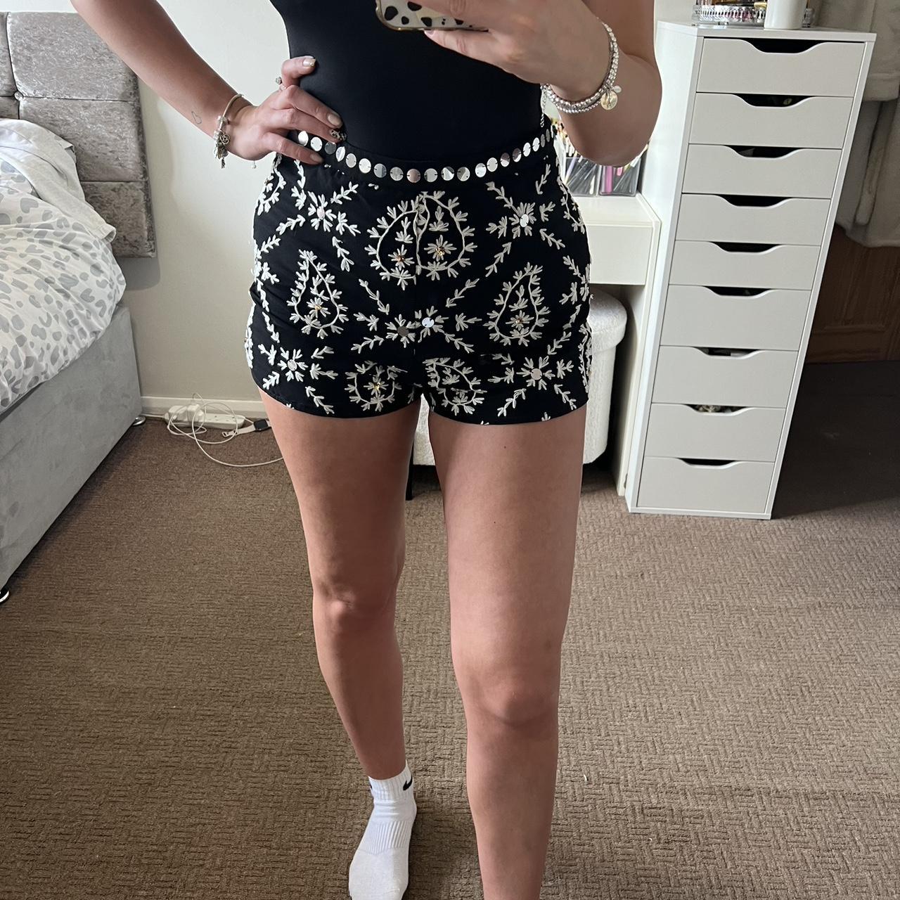 asos black patterned shorts high waisted size 10... - Depop