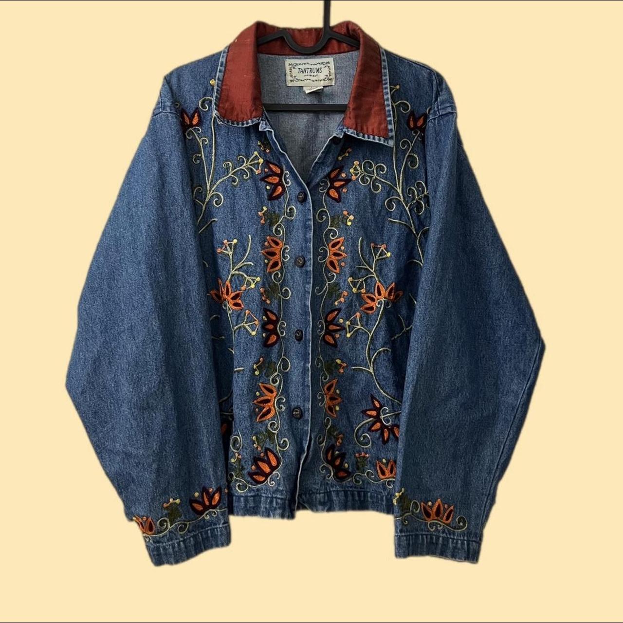 floral embroidered denim jacket Size Large PLEASE... - Depop
