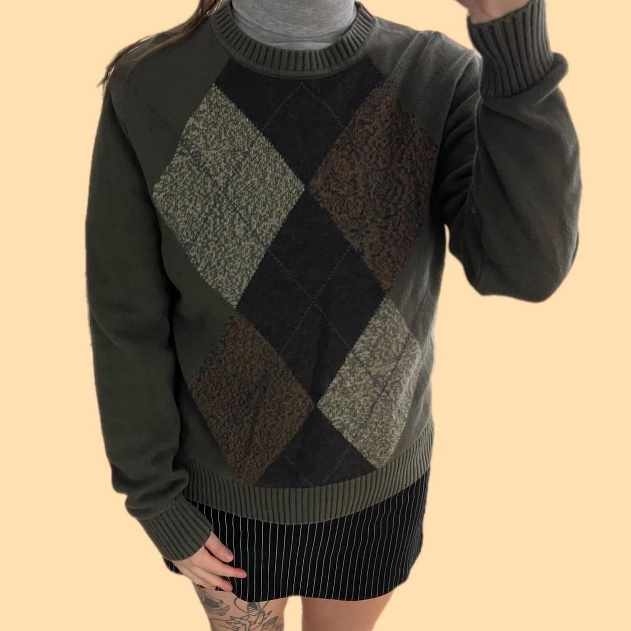 earth tone argyle knit grandpa sweater Size... - Depop