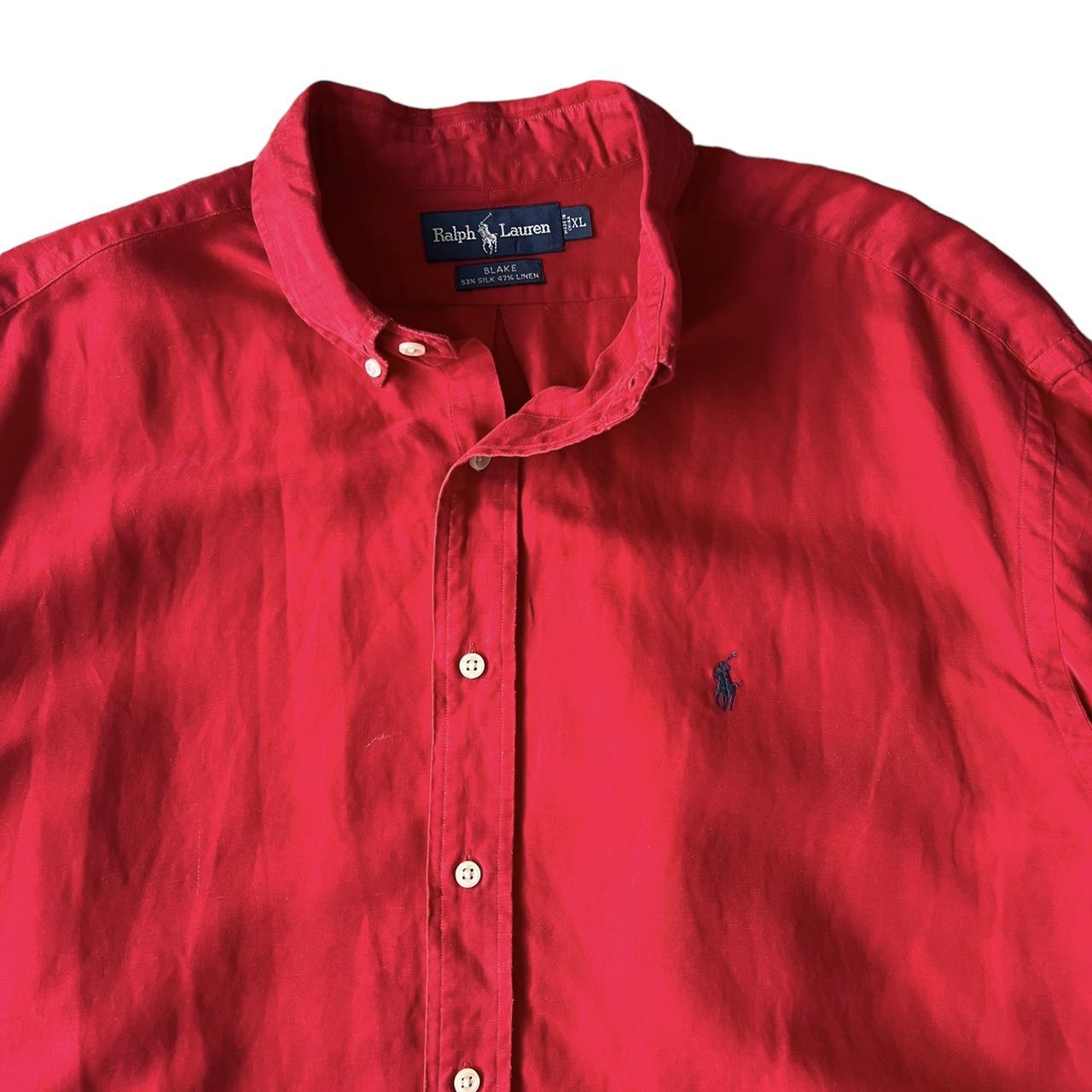 1990s Ralph Lauren Blake Silk and Linen Red Button... - Depop