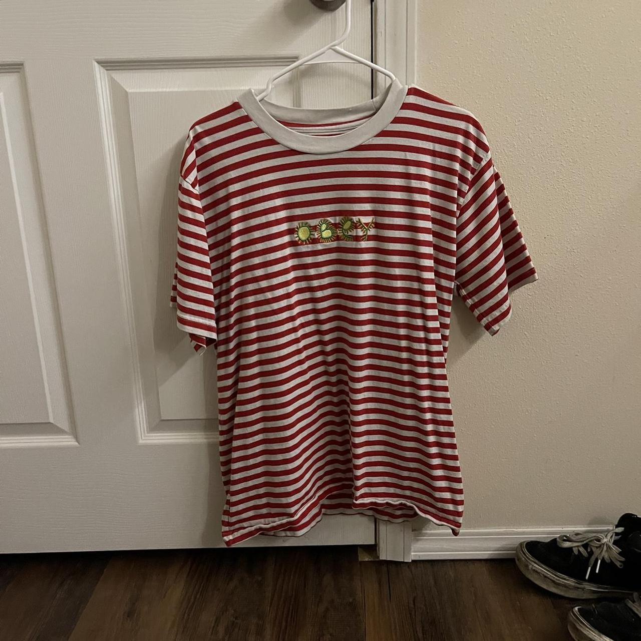 obey germy red and white striped shirt worn less... - Depop