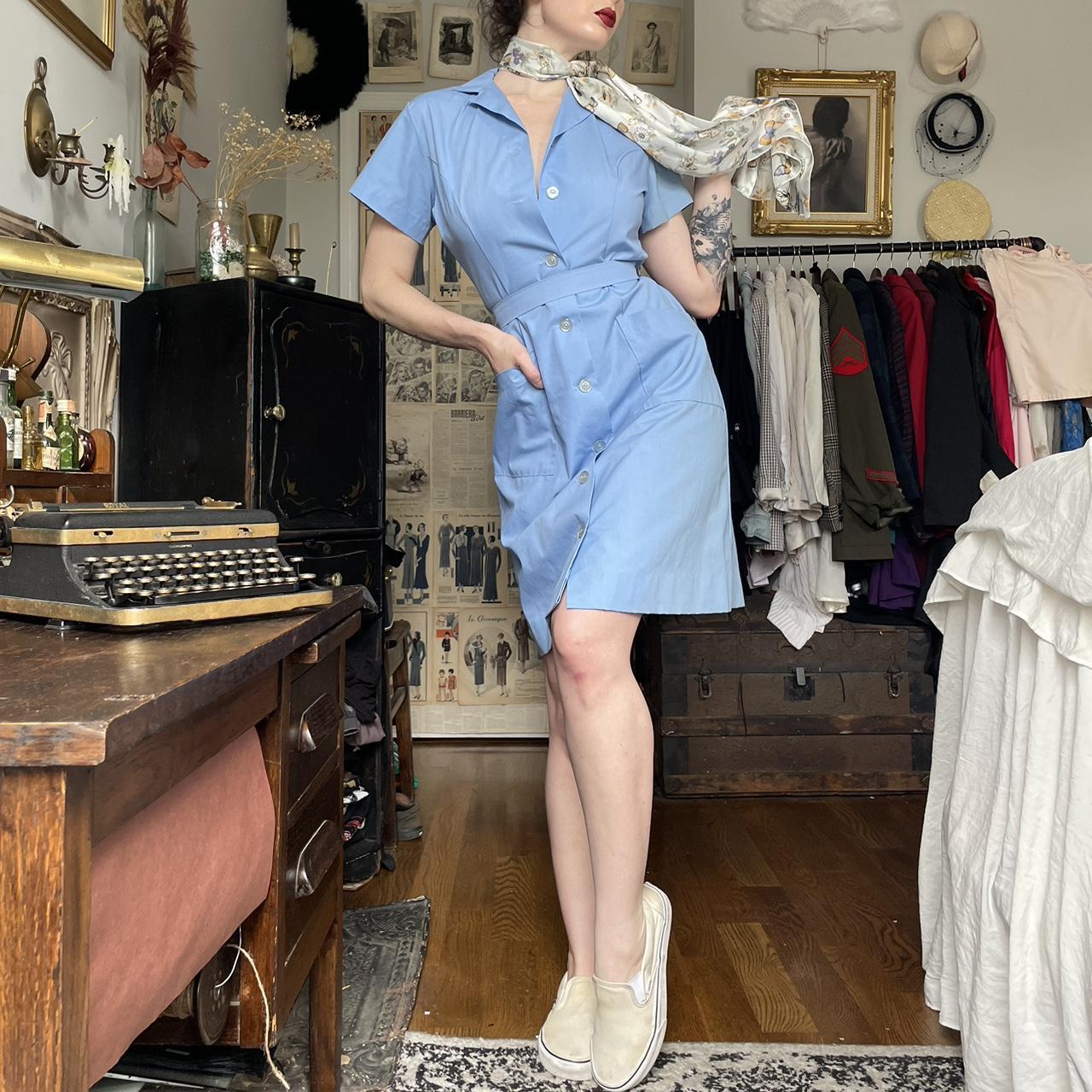 Vintage 50s uniform dress • Retro cornflower blue... - Depop