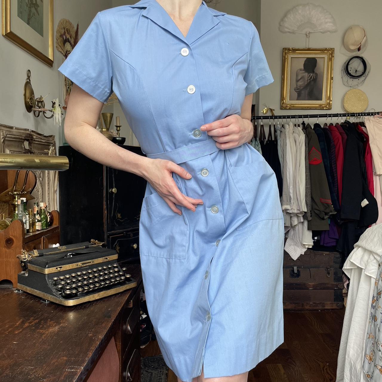 Vintage 50s uniform dress • Retro cornflower blue... - Depop
