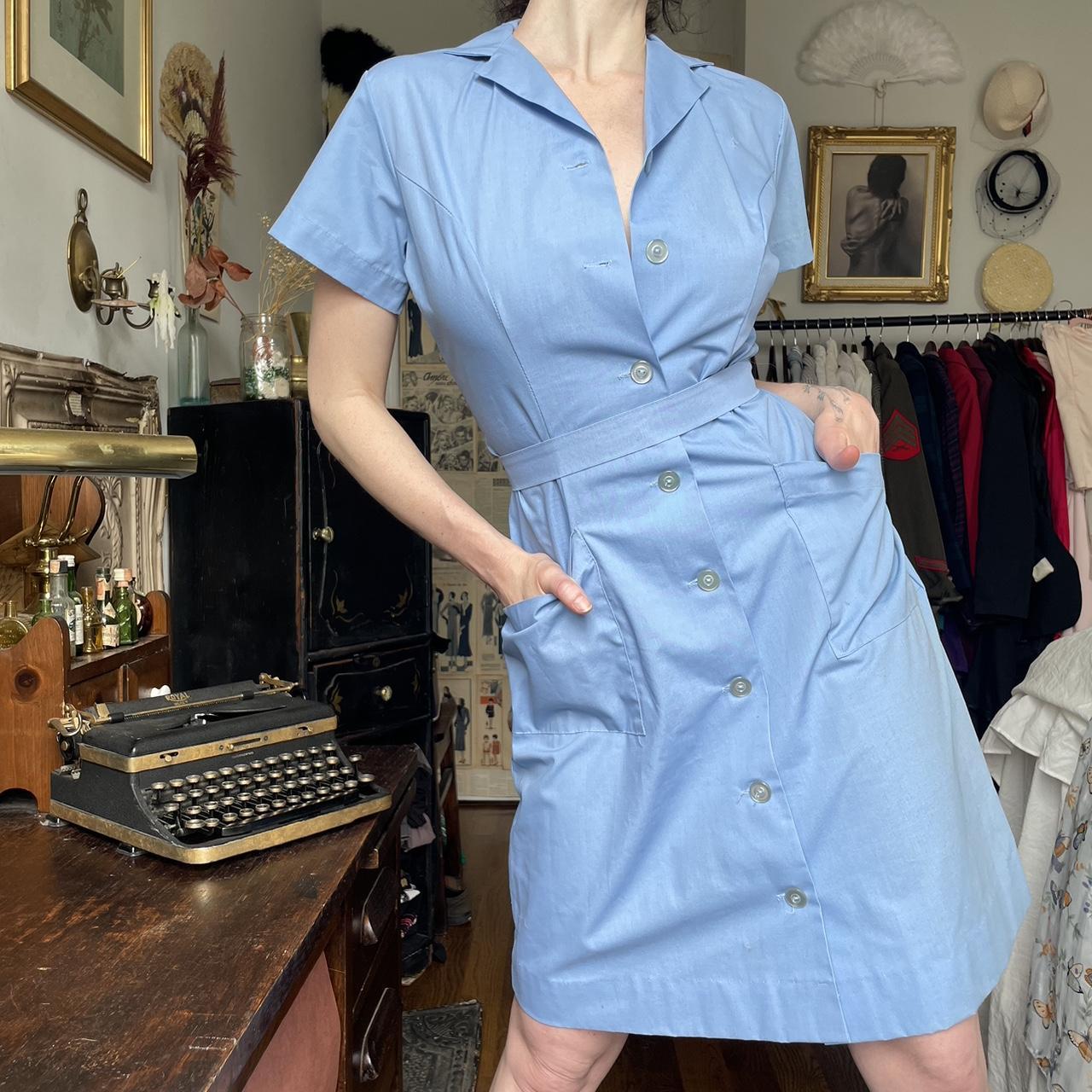 Vintage 50s uniform dress • Retro cornflower blue... - Depop
