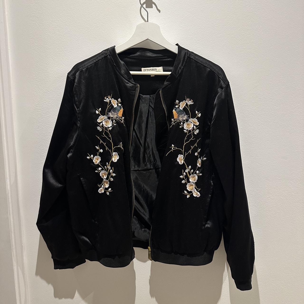 Black Satin Bomber Jacket with Floral Embroidery... - Depop