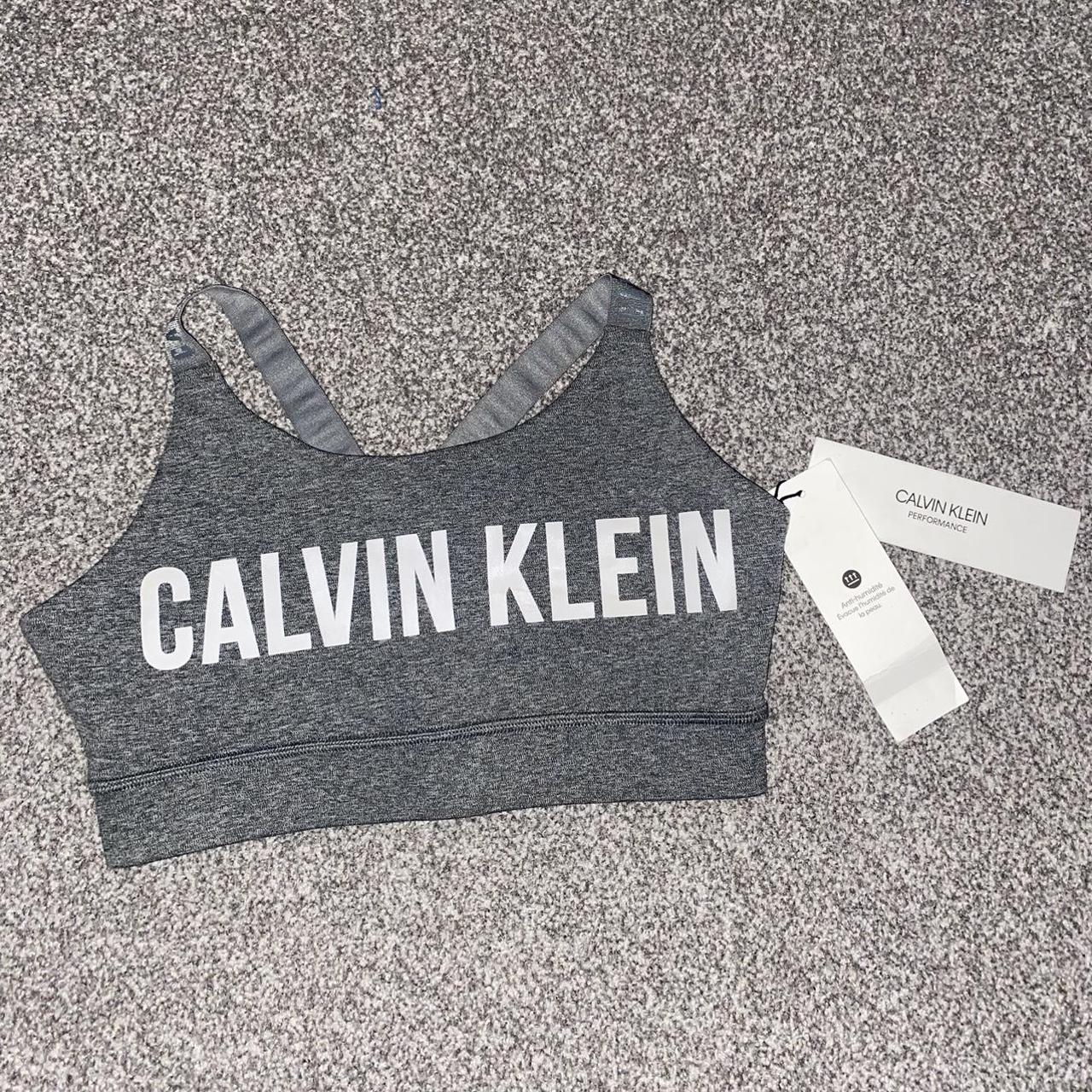 Calvin Klein Womens Grey And White Crop Top Depop