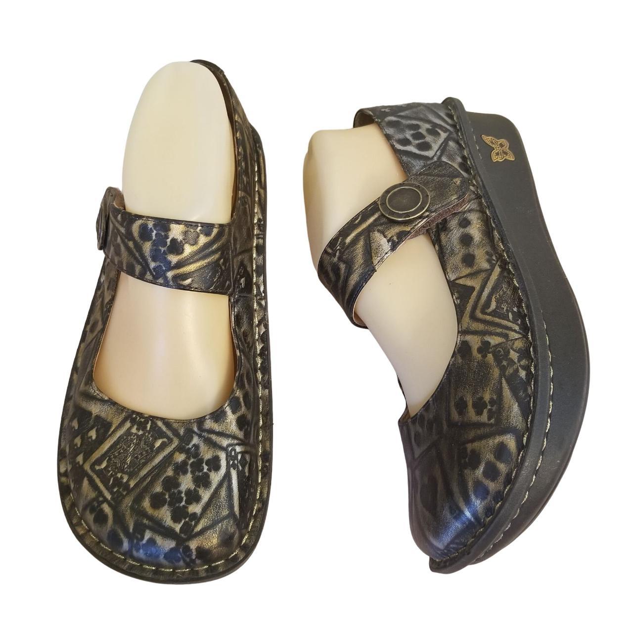 Alegria Women's Brown and Gold Clogs | Depop