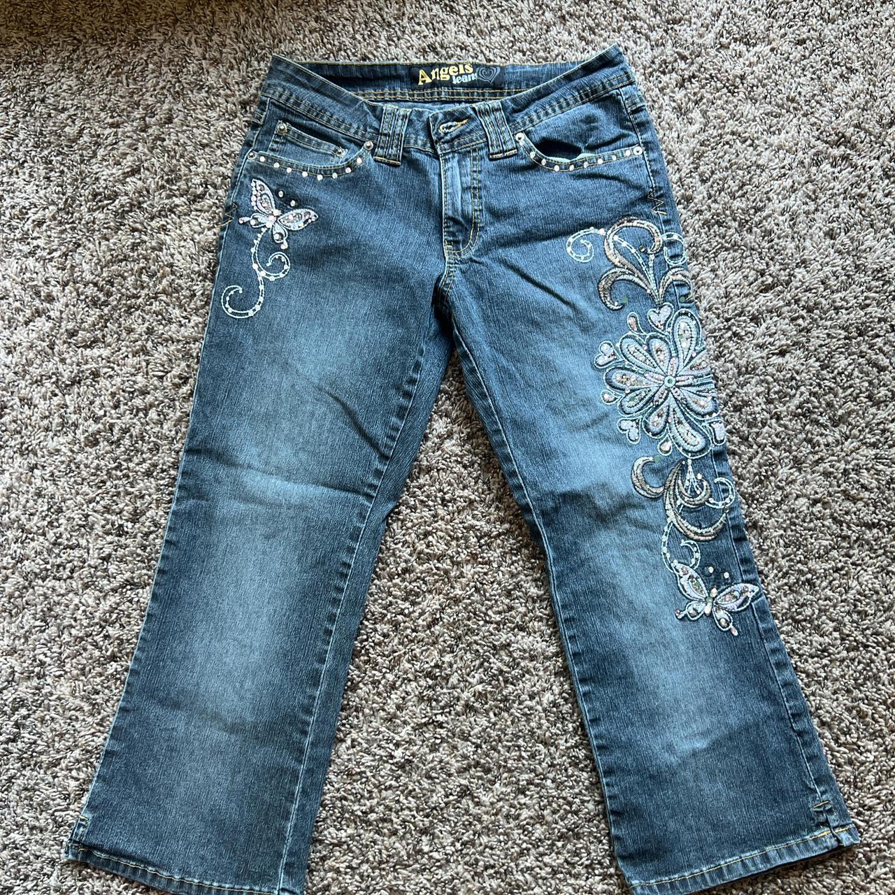 The cutest capri embroidered angels jeans size 9 but... - Depop