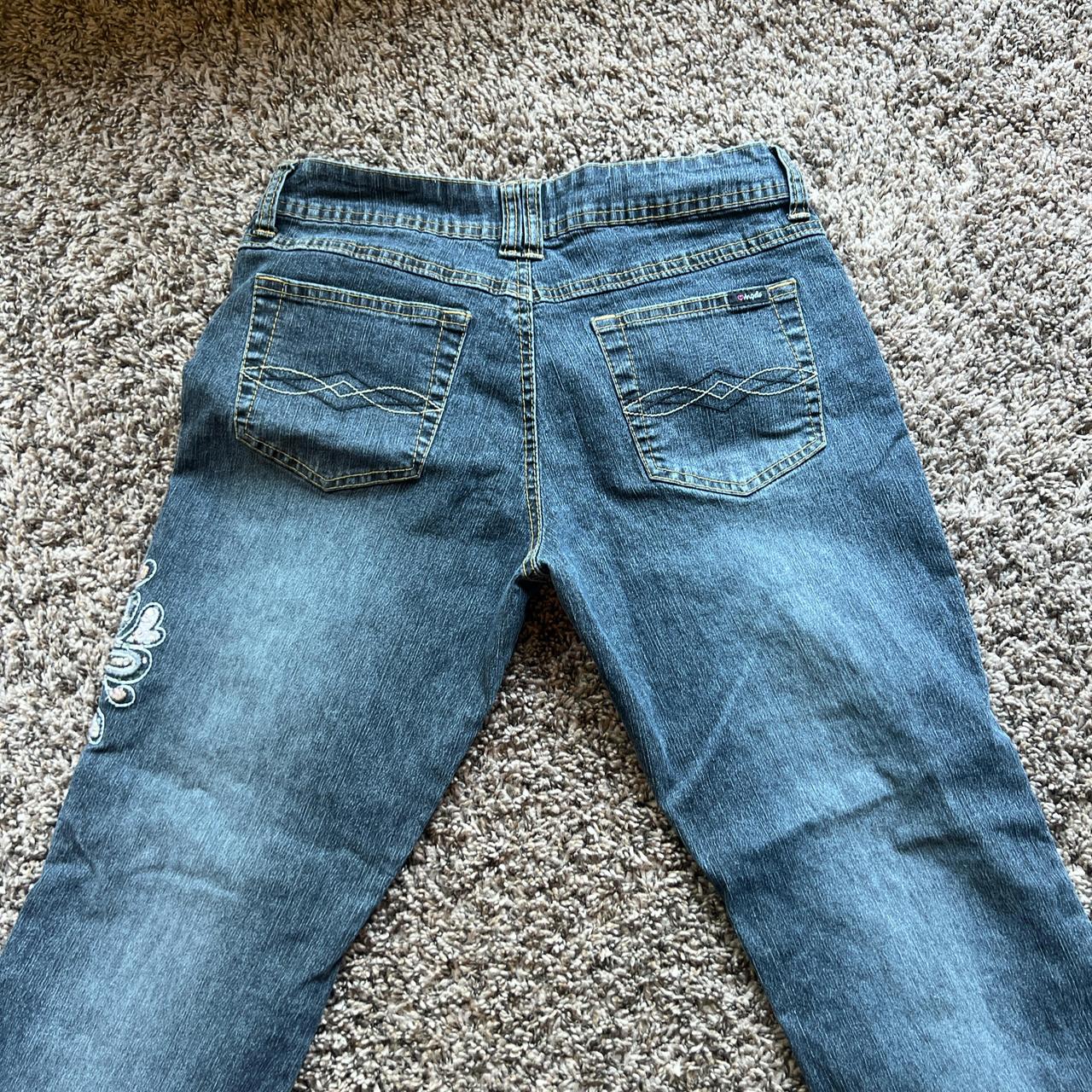 The cutest capri embroidered angels jeans size 9 but... - Depop