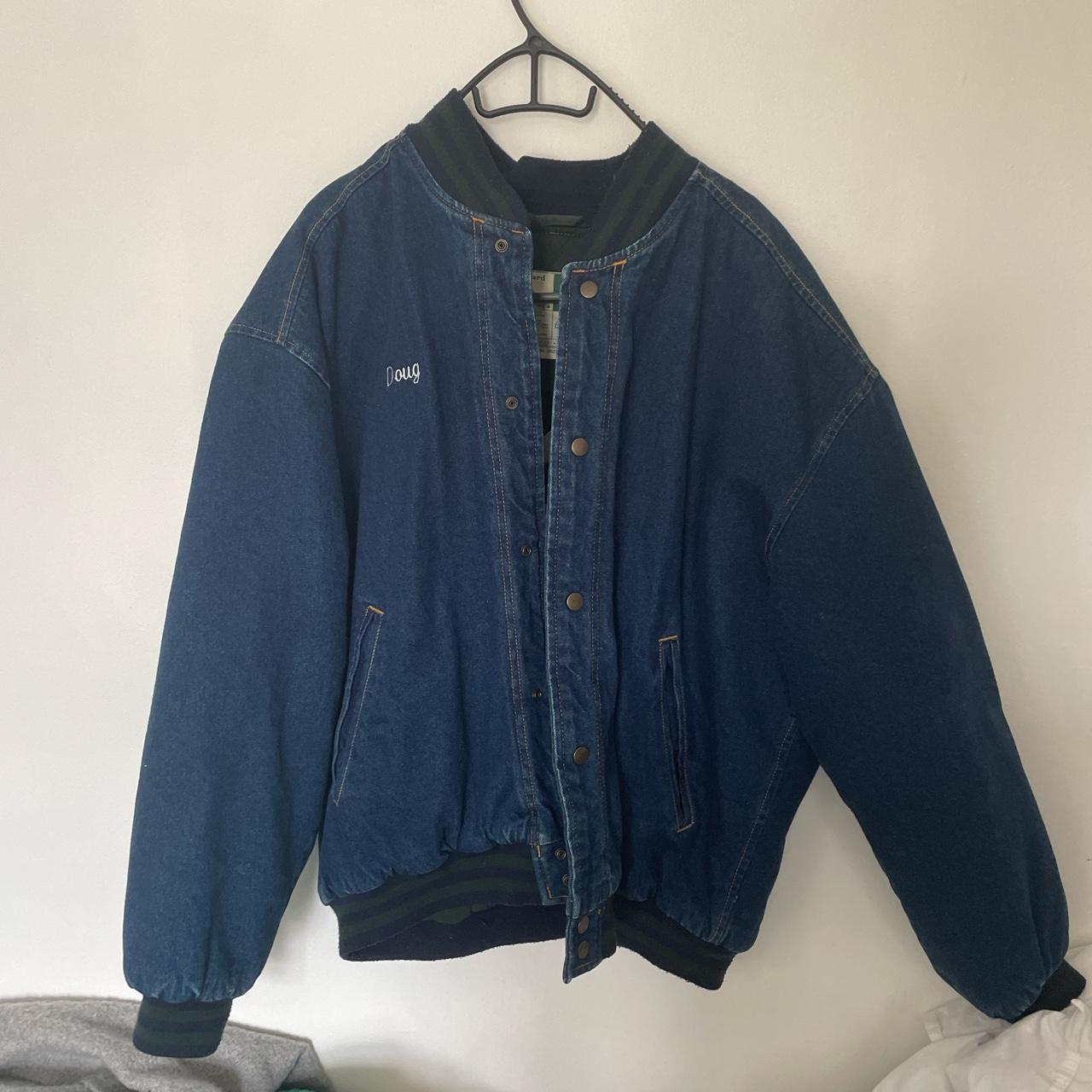 denim bomber jacket , size XL (v baggy fit) xxx worn... - Depop
