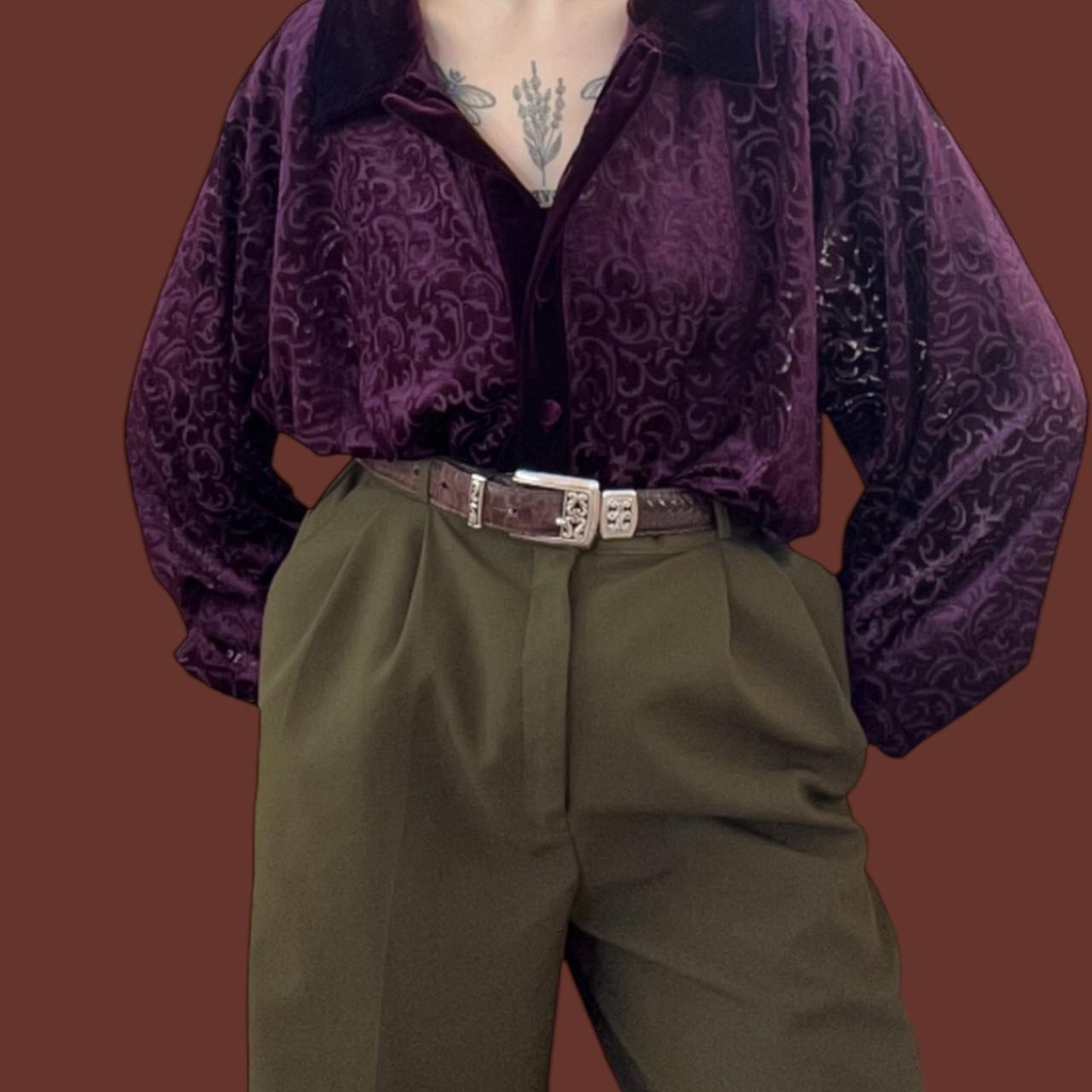 🕊️ Gorgeous wine color velvet + sheer button down!... | Depop