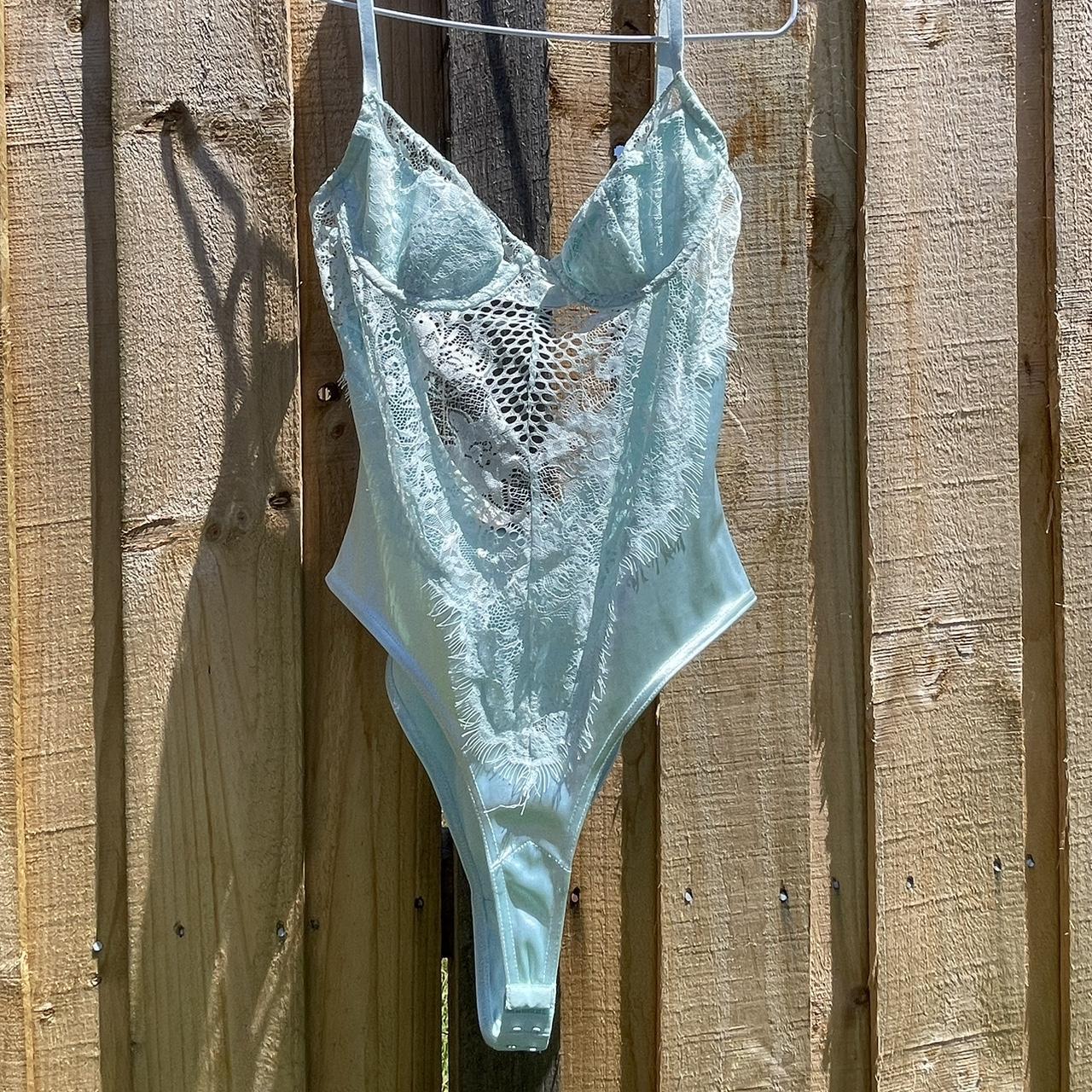 Baby blue satin and lace bodysuit!! Super high cut... - Depop