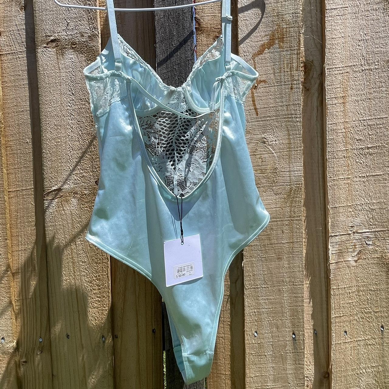 Baby blue satin and lace bodysuit!! Super high cut... - Depop