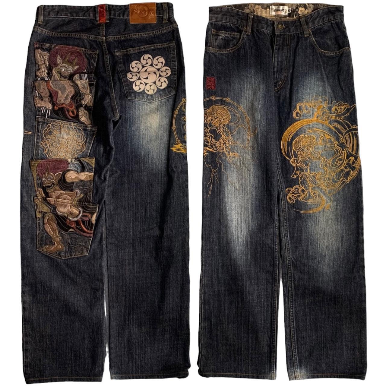 Karakuri Jeans Multi pocket golden embroidered... - Depop