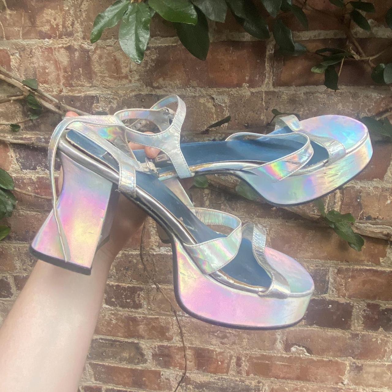 90s holographic platform heels Ankle strap... - Depop