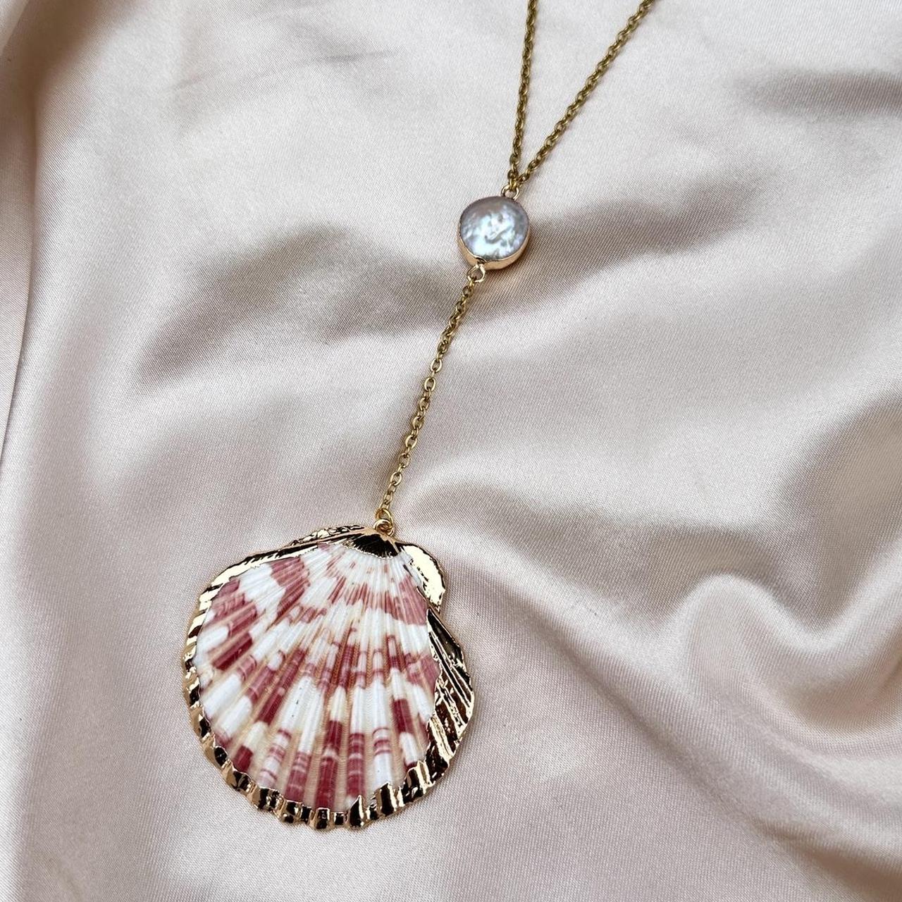 long shell necklace freshwater pearl stainless... - Depop