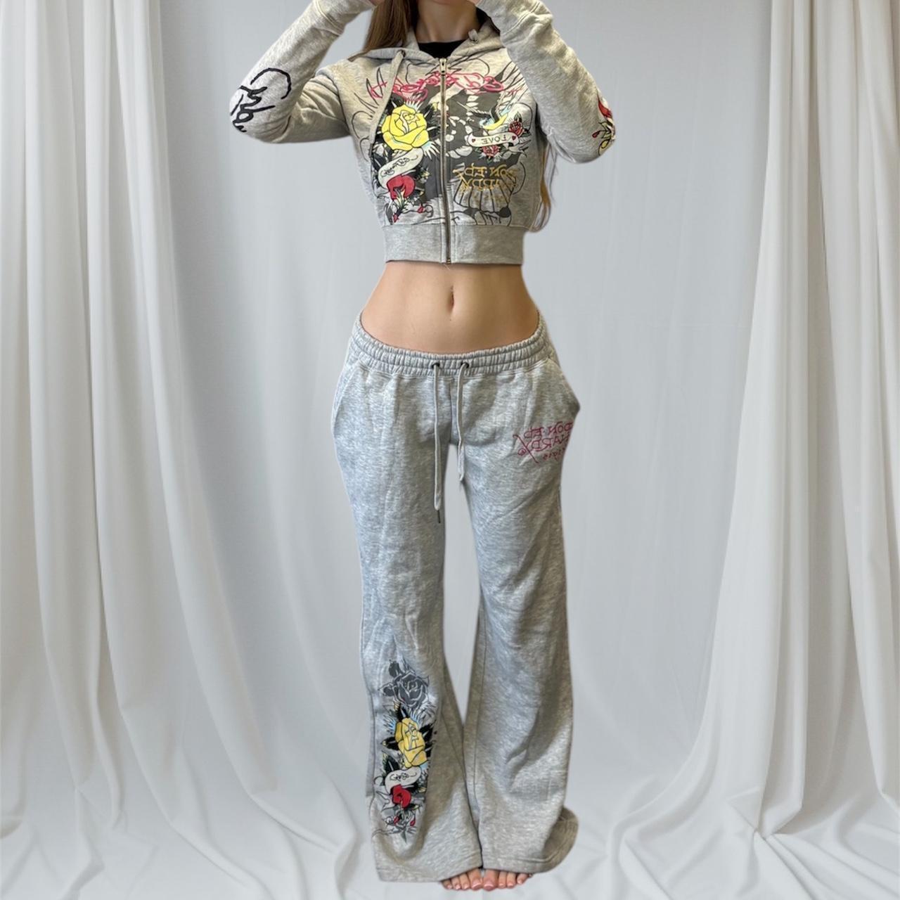 Ed Hardy grey and pink two piece tracksuit Selling... | Depop
