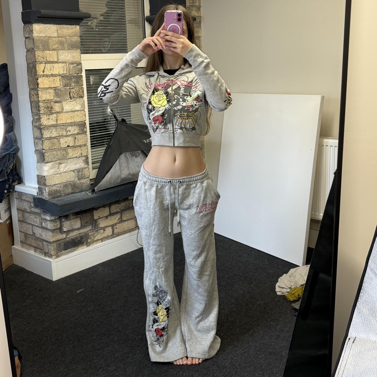 Ed Hardy grey and pink two piece tracksuit Selling... | Depop