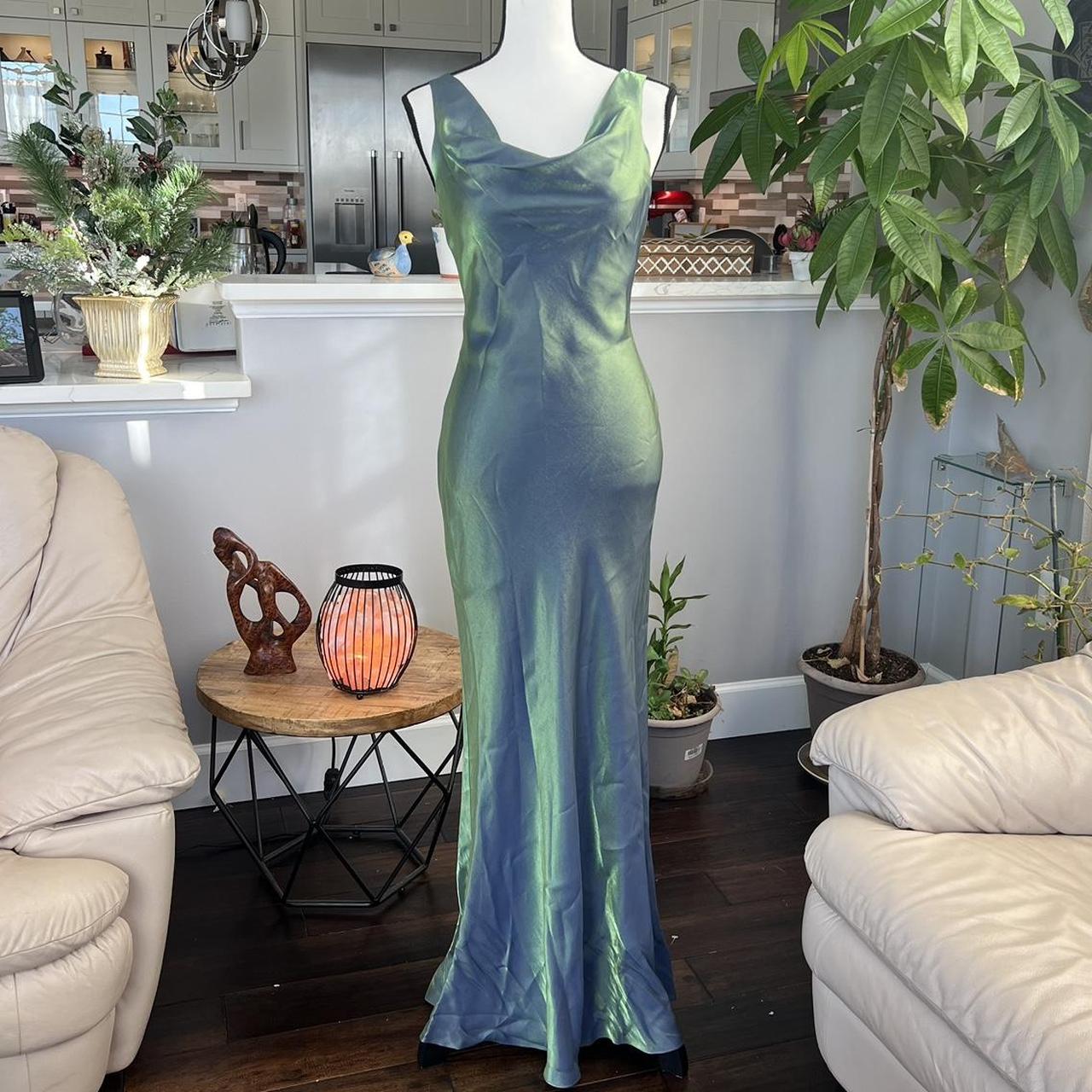 Vintage green blue iridescent, maxi dress silky made... - Depop