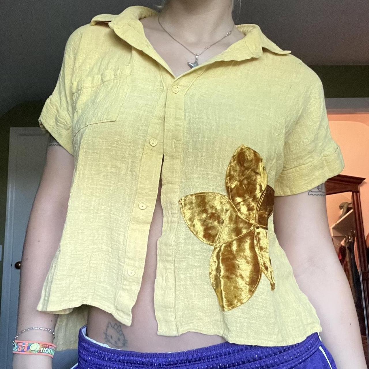 Reworked yellow button up with velvet flower appliqués! - Depop
