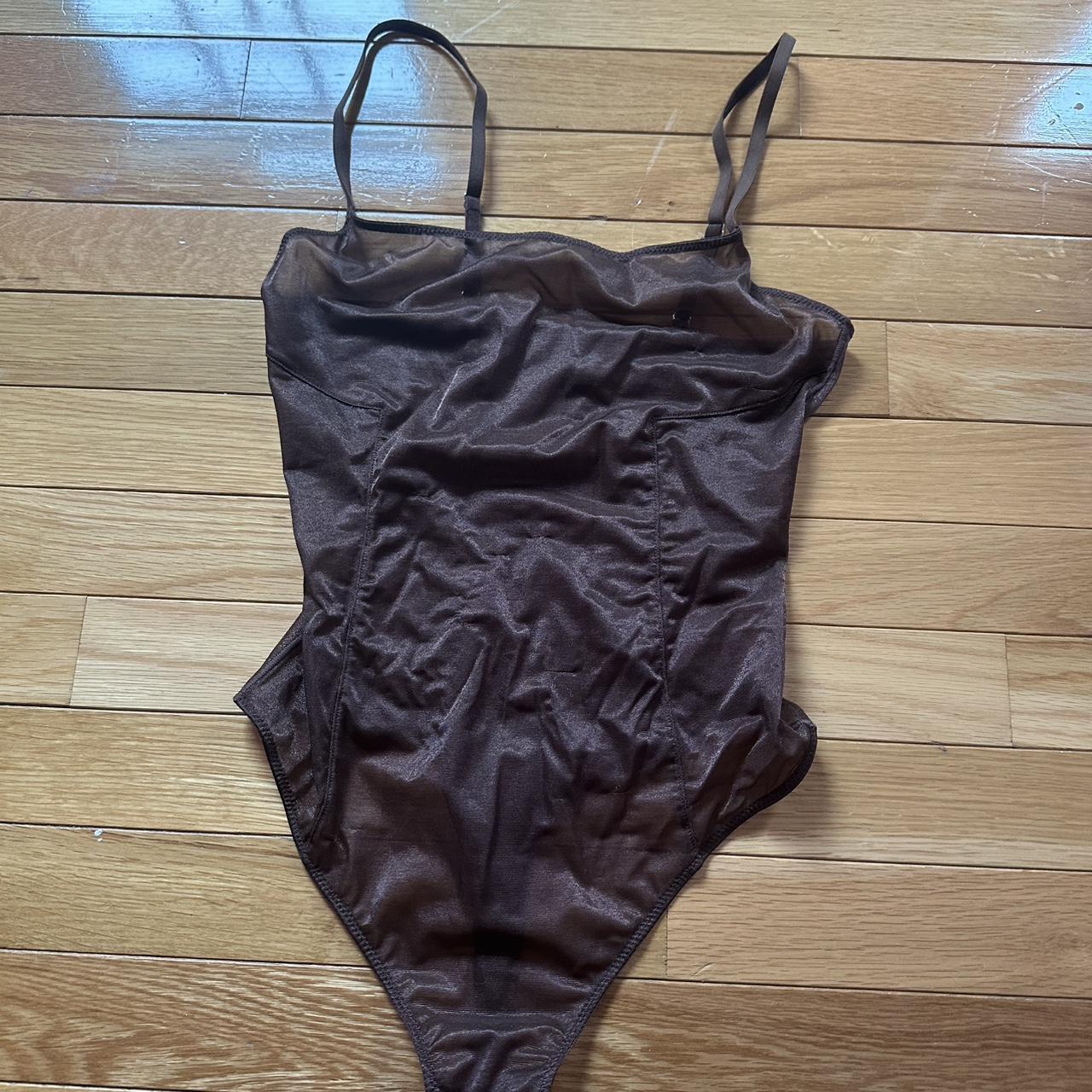 Skims chocolate brown sheer sculpt bodysuit Size... - Depop