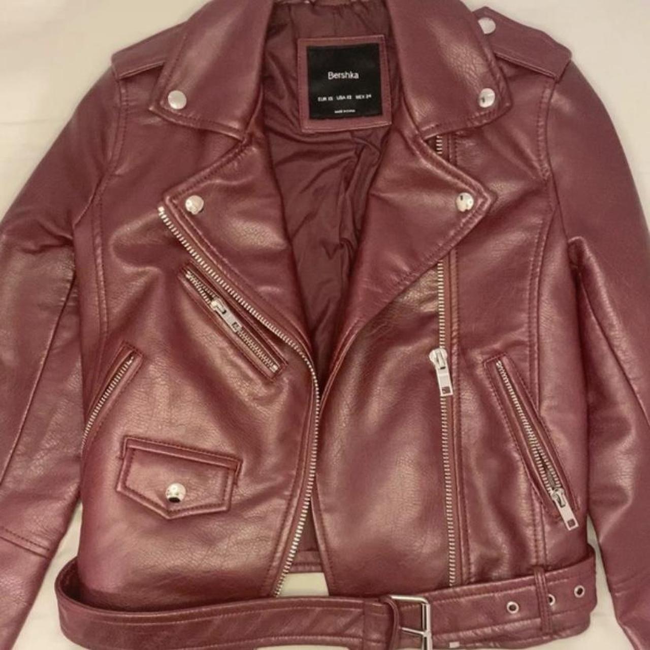 Bershka wine red leather jacket Worn no more that... - Depop