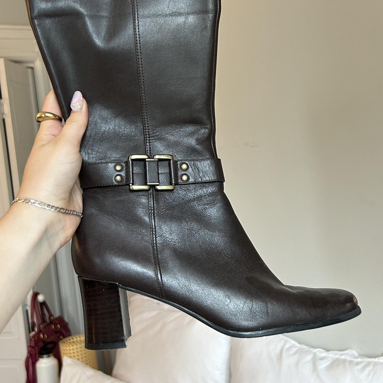 BROWN leather shin-high boots with gold buckle... | Depop