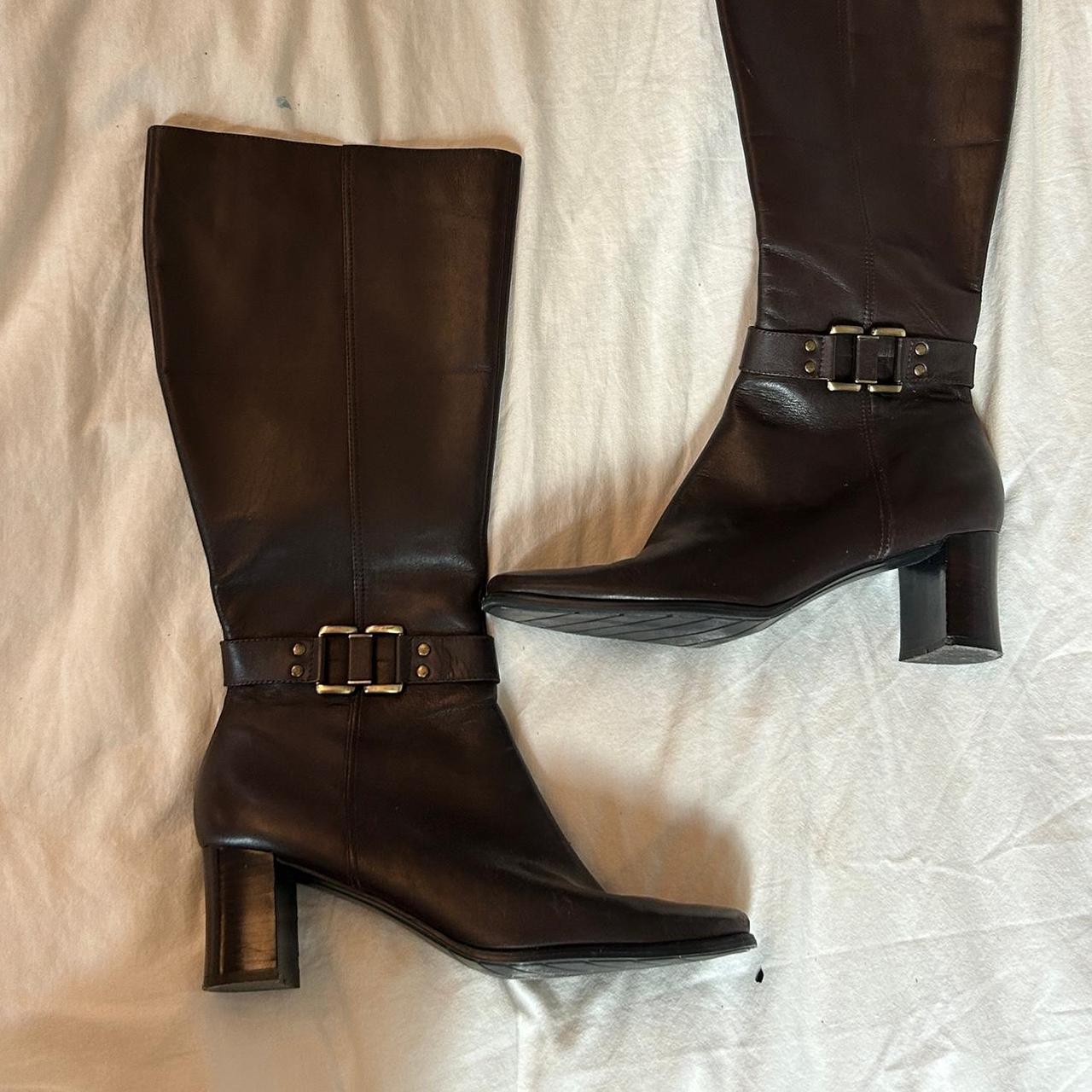 BROWN leather shin-high boots with gold buckle... | Depop