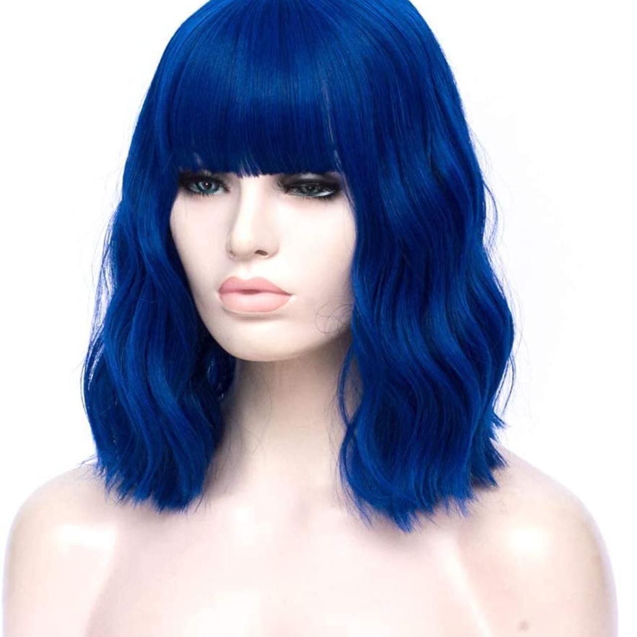Blue Wavy Wig with Bangs 14 Inch 36 cm Synthetic... - Depop